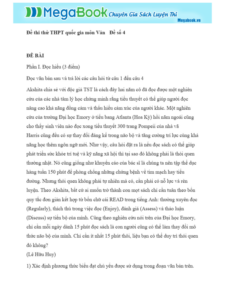 Đề số 4 - Đề thi thử Ngữ văn THPTQG | PDF