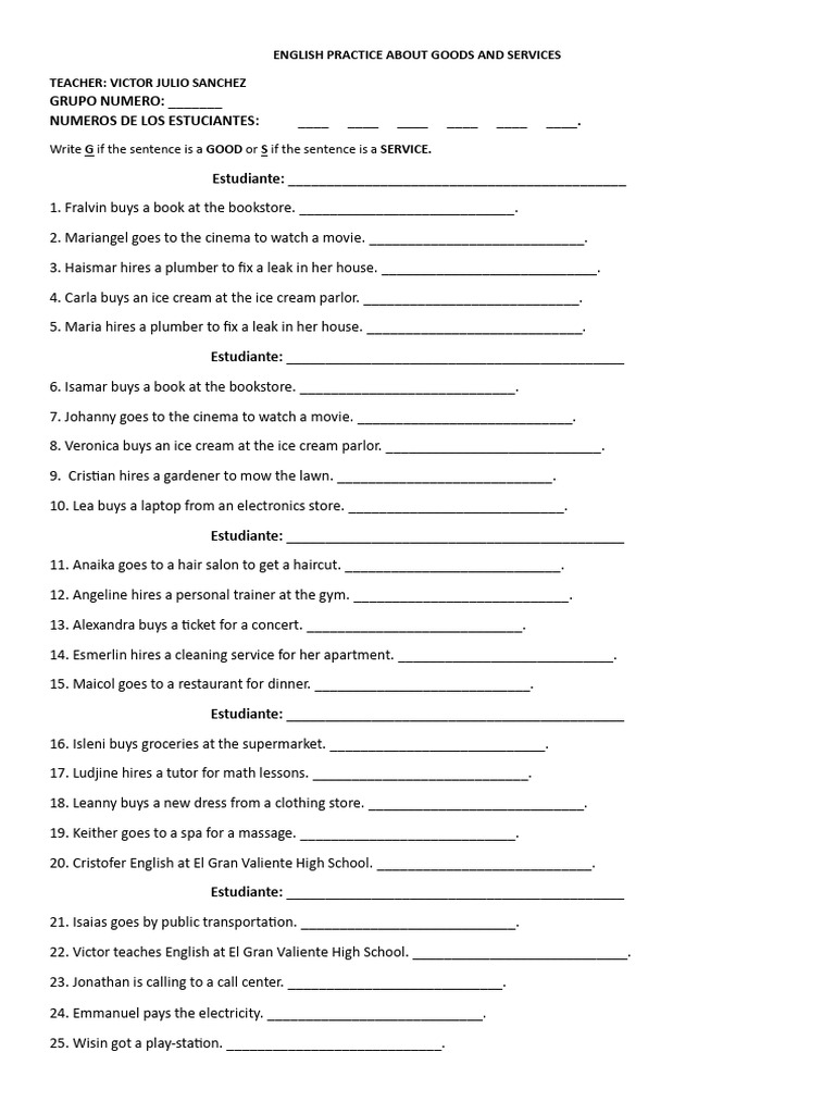 Goods and Services English Practice | PDF