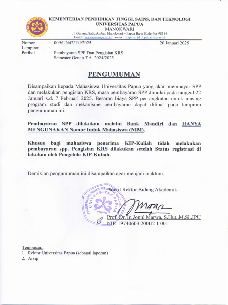 009. PENGUMUMAN Pembayaran SPP dan Pengisian KRS Semester Genap T.A. 2024-2025 | PDF