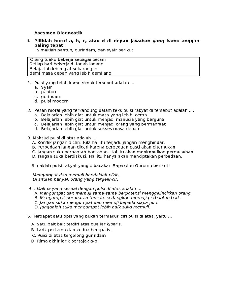 Asesmen Diagnostik - Soal Bu Siti | PDF