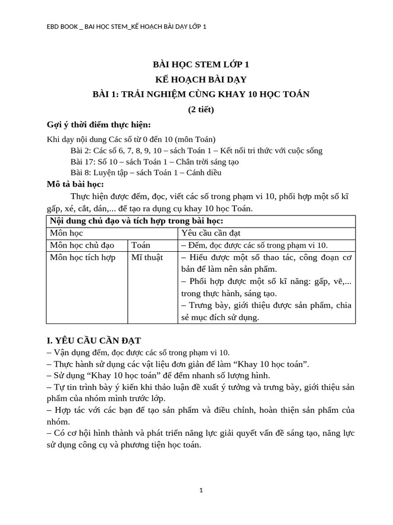 BH STEM 1 - BÀI 1 - Trải nghiệm cùng khay 10 học Toán - KHBD | PDF