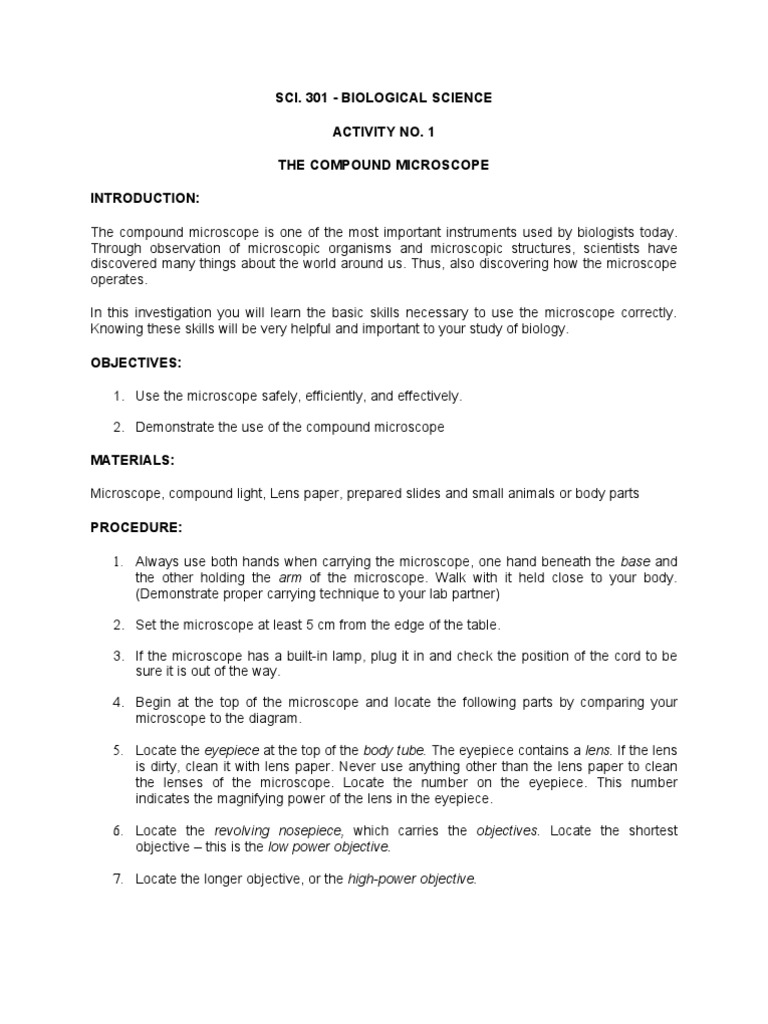 Biology Activity #1 The Compound Microscope | PDF | Microscope | Glass ...