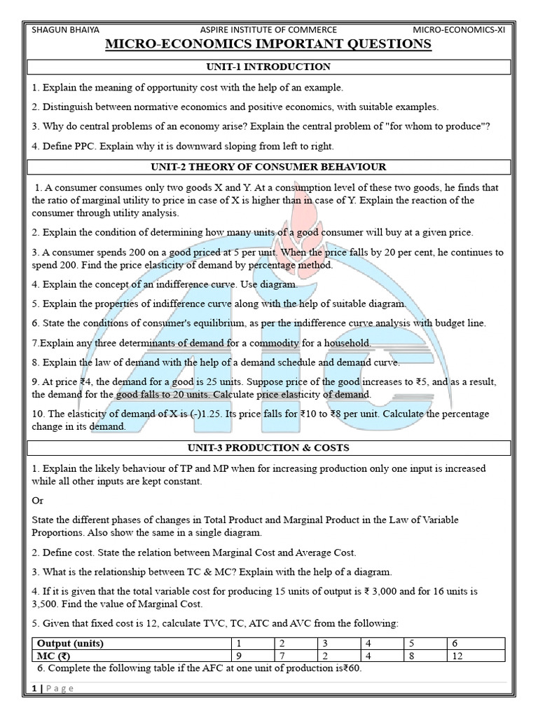Class 11 Microeconomics Key Questions | PDF | Demand | Supply (Economics)