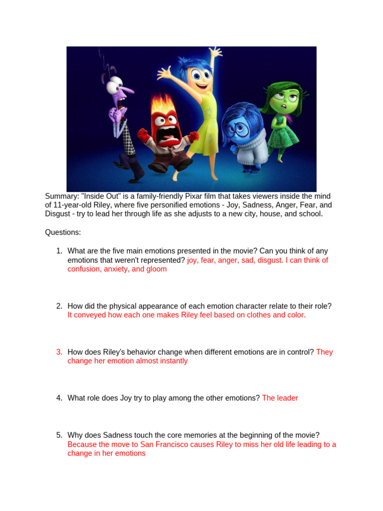Inside Out Movie Questions-5006bb-8c7297 | PDF | Emotions | Behavioural ...