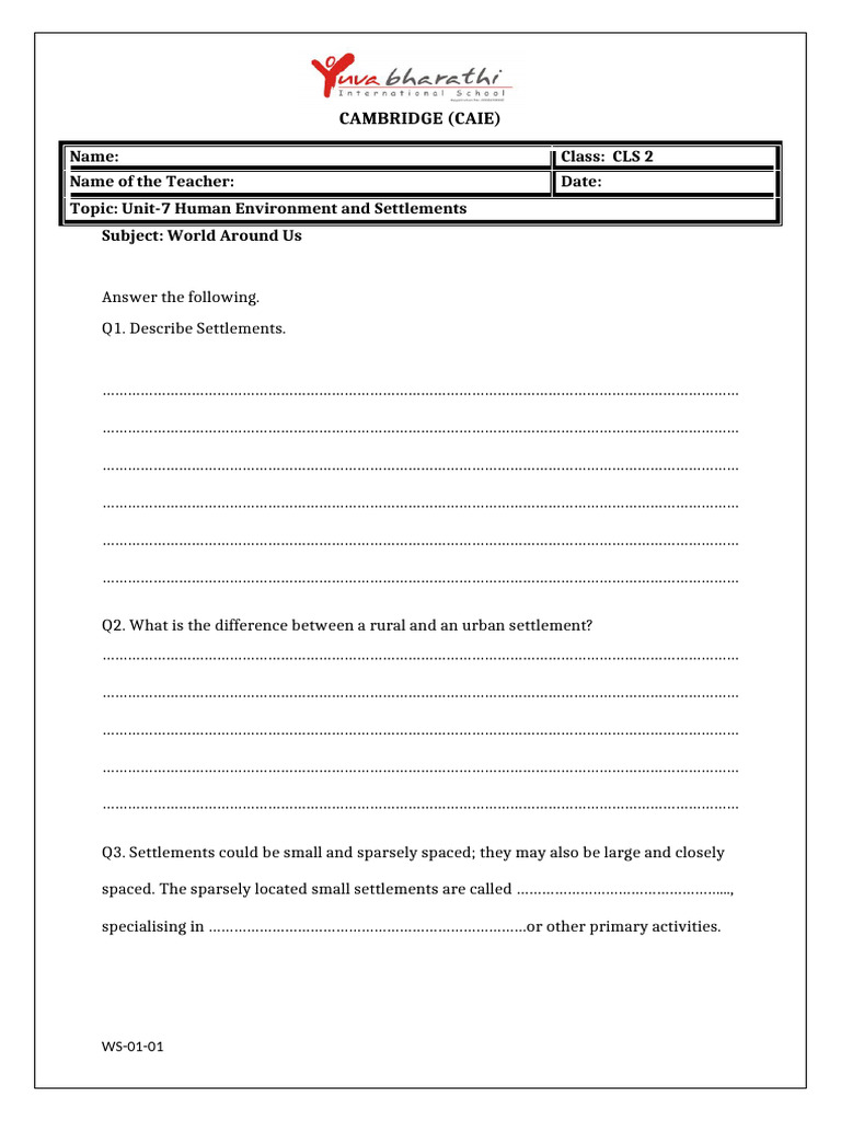 GIDB7949753-CLS2 - WAU - Unit-7 Human Environment and Settlements - Worksheet | PDF