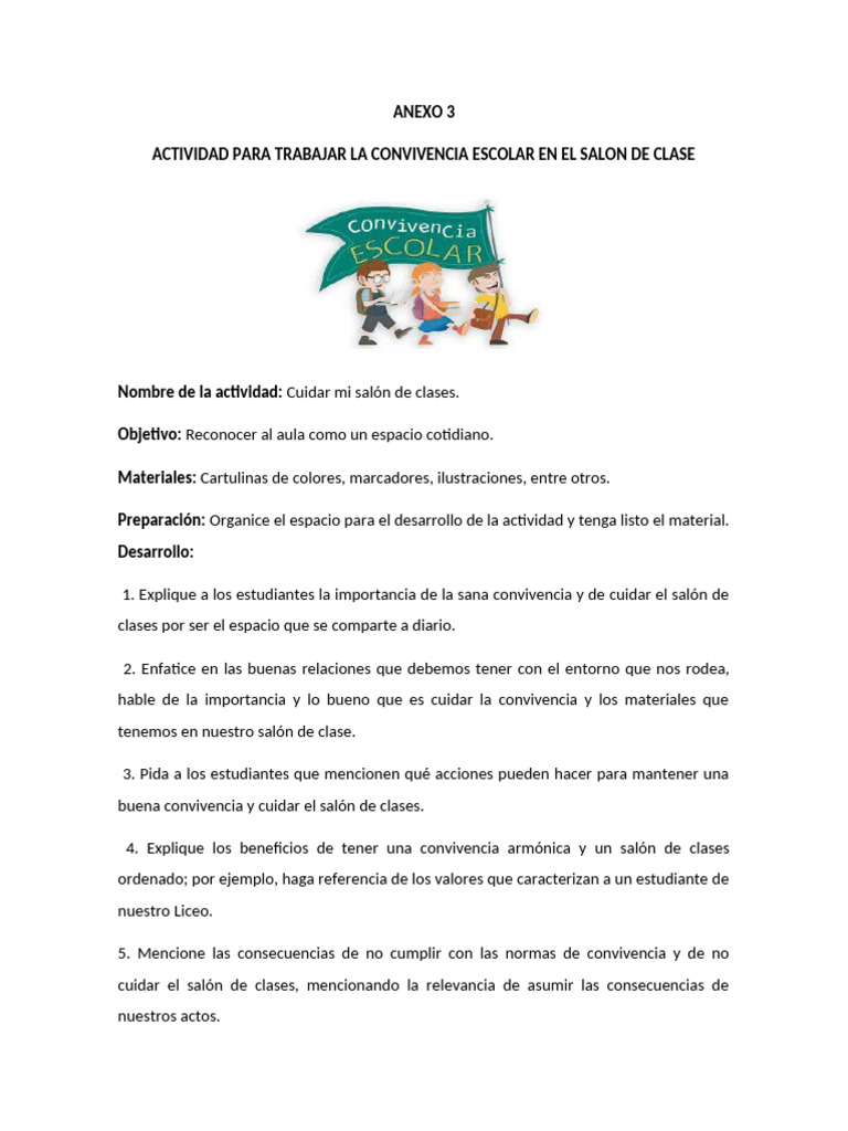 ANEXO 3 _ACTIVIDAD PARA TRABAJAR LA CONVIVENCIA ESCOLAR EN EL SALON DE ...