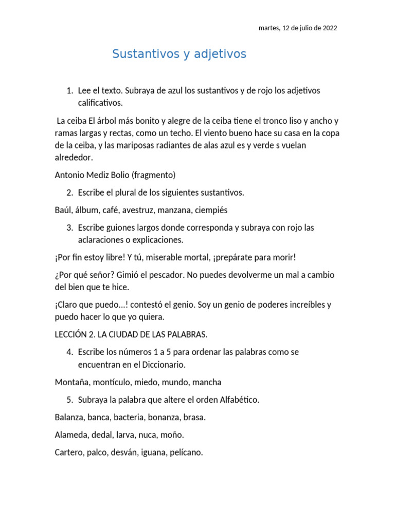 Sustantivos y Adjetivos en Ejercicios | PDF
