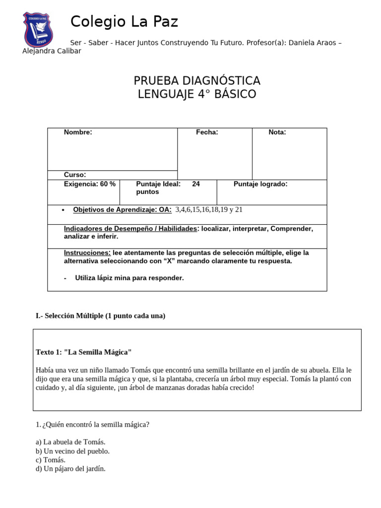 Evaluación Diag. Lenguaje | PDF | Palabra