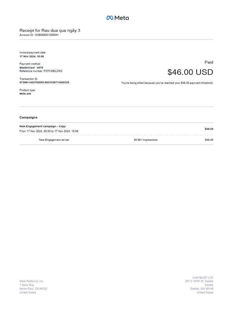 Meta Ads Payment Receipt - Nov 2024 | PDF
