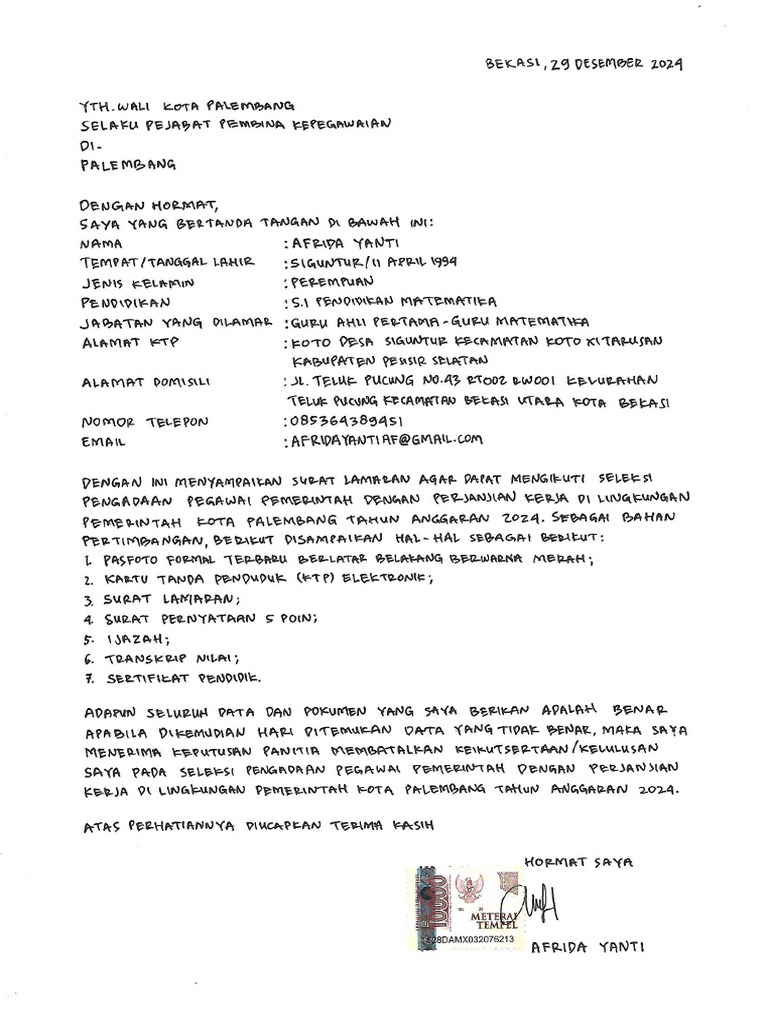 Surat Lamaran (Afrida Yanti) | PDF