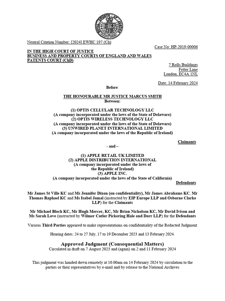 Optis-v-Apple-14.02.24pdf | PDF | Discovery (Law) | License