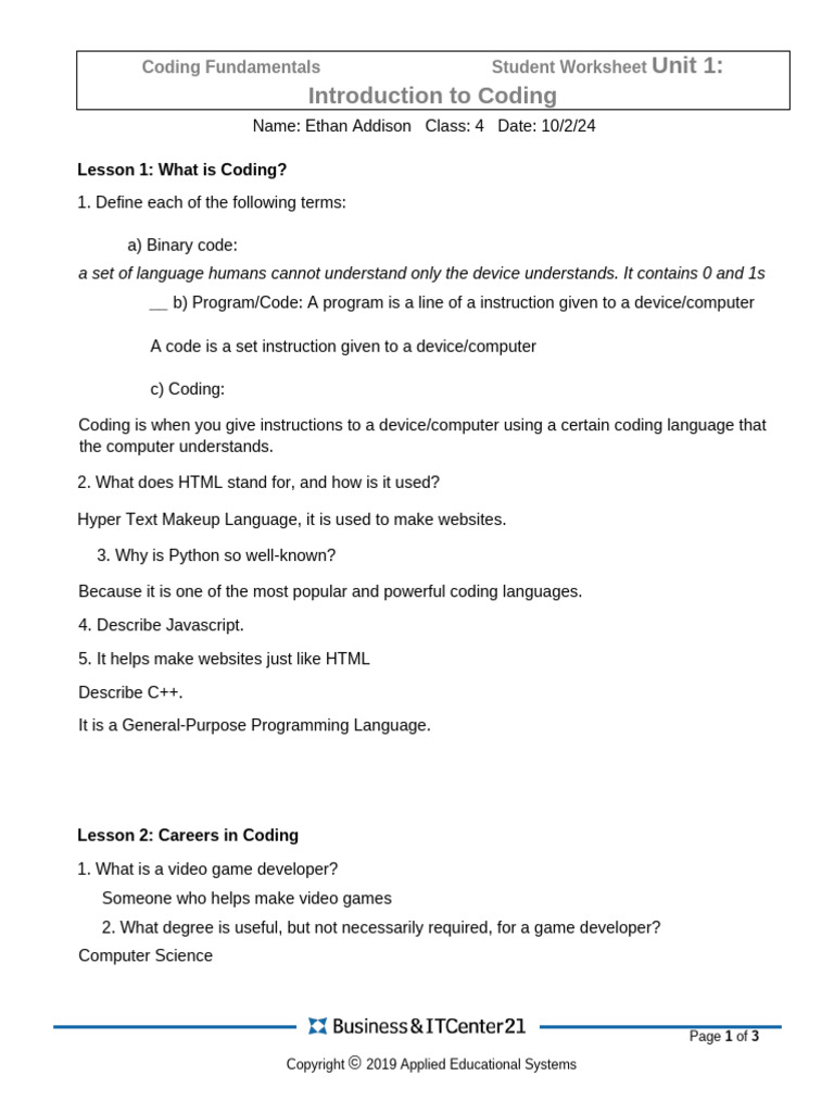 student+worksheet+intro+to+coding | PDF | Source Code | Computer Program