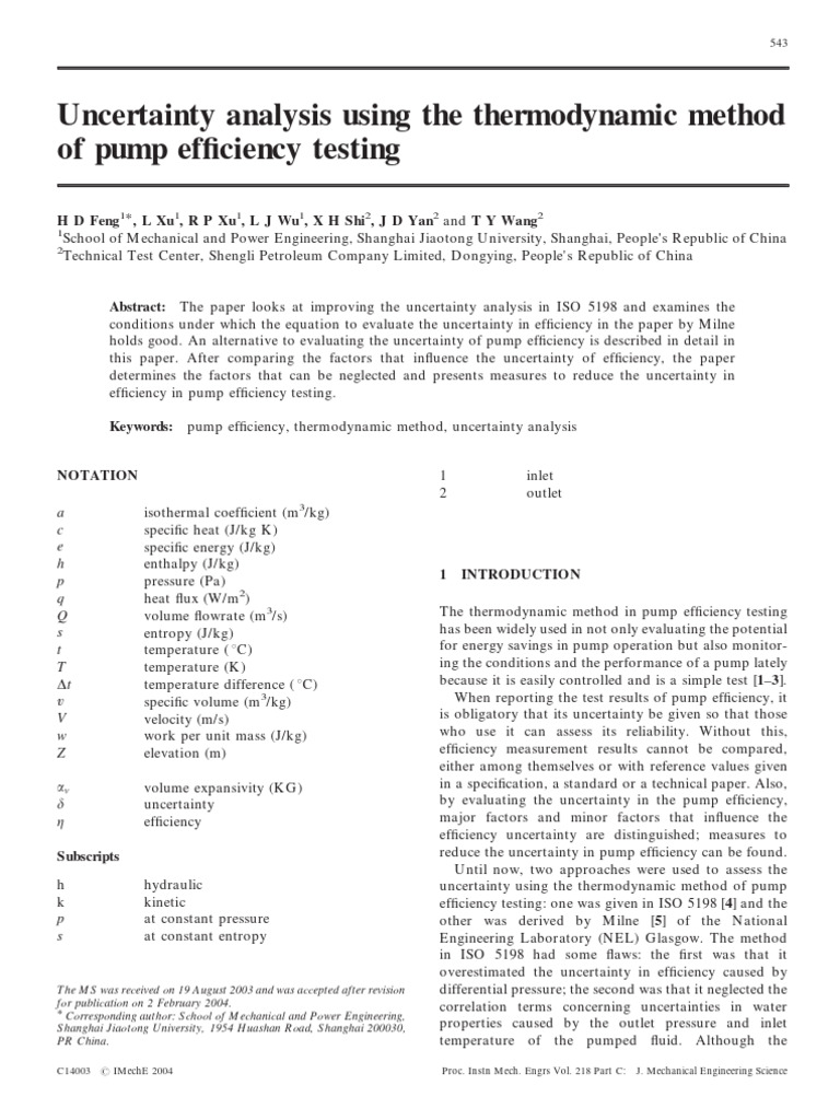 Feng Et Al 2004 Uncertainty Analysis Using The Thermodynamic Method of ...