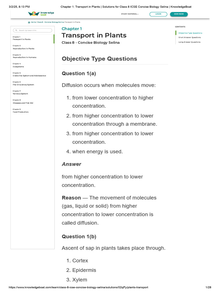 Transport in Plants: Class 8 Solutions | PDF | Root | Tissue (Biology)