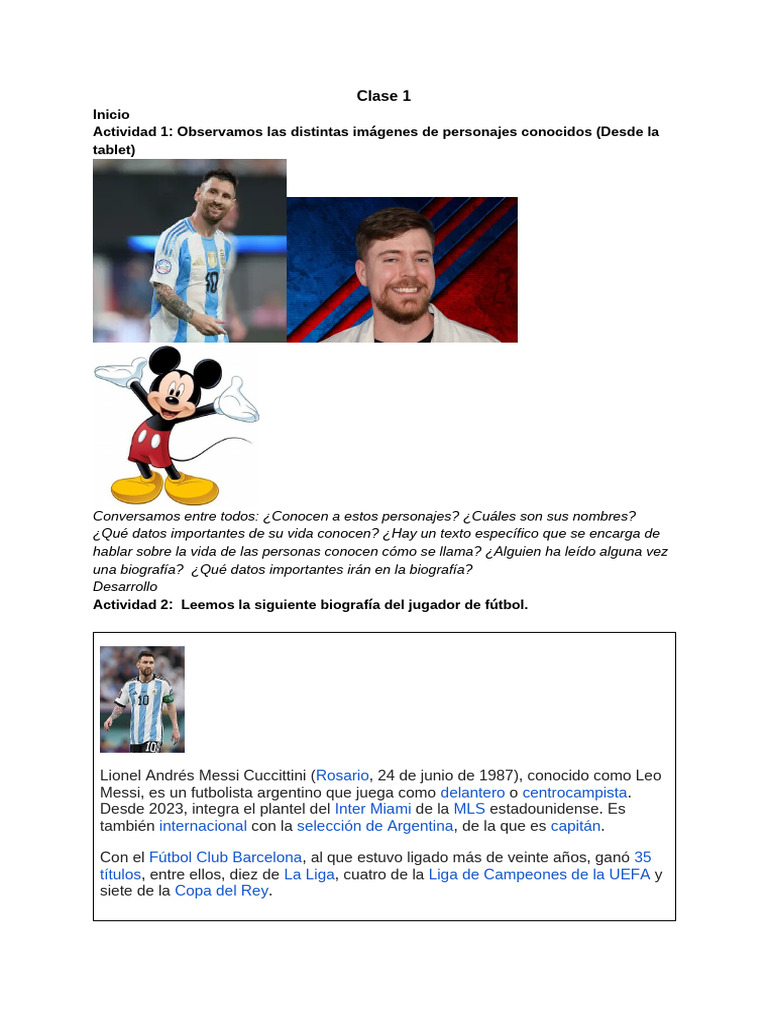 Biografía y Actividades sobre Messi y Quiroga | PDF | Lionel Messi | FC ...