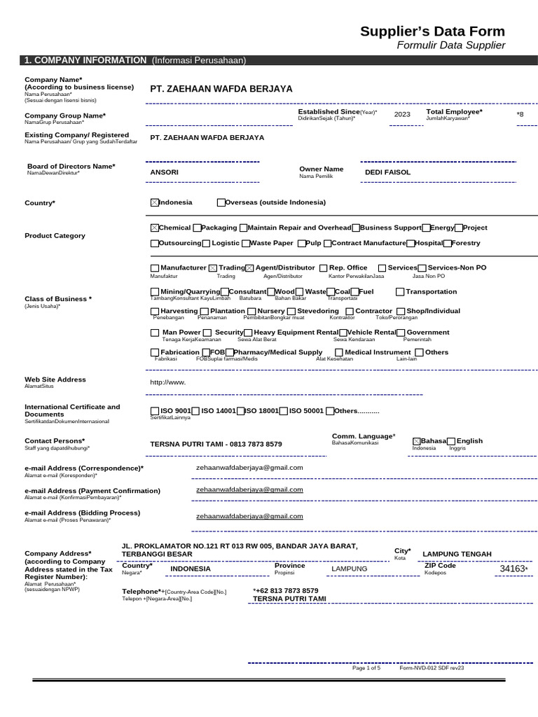 Form-NVD-012 SDF PT. ZEHAAN WAFDA BERJAYA | PDF