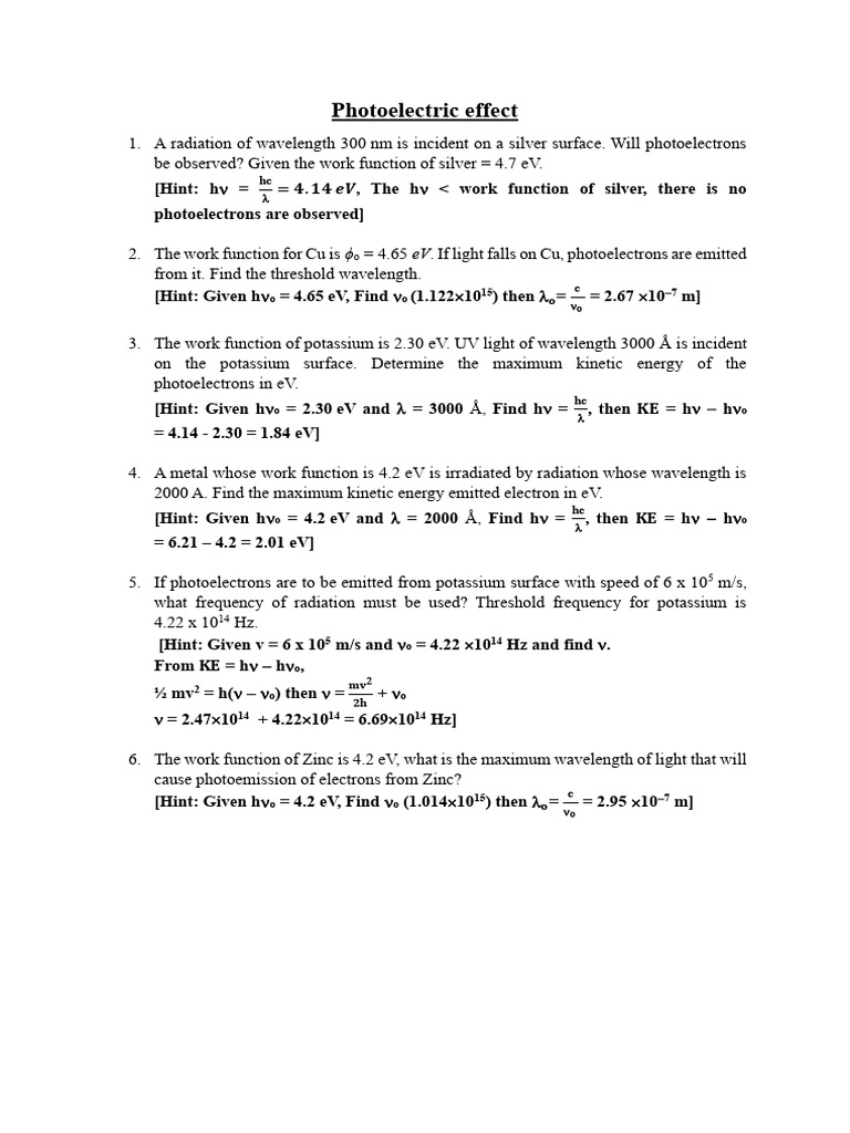 Photoelectric Effect - Practice Problems | PDF