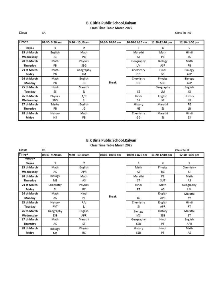 Class X Timetable March 2025 | PDF | Natural Sciences