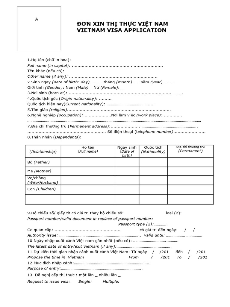 ĐƠN XIN THỊ THỰC VIỆT NAM VIETNAM VISA APPLICATION FORM | PDF