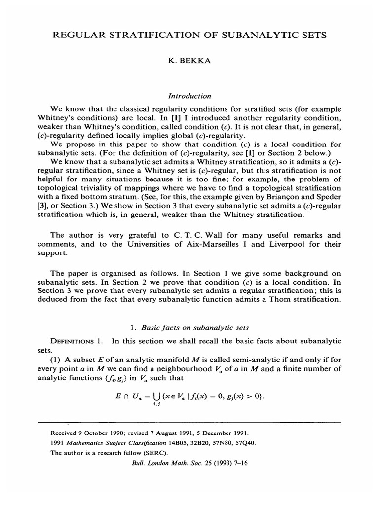 Bulletin of London Math Soc - January 1993 - Bekka - Regular Stratification of Subanalytic Sets ...