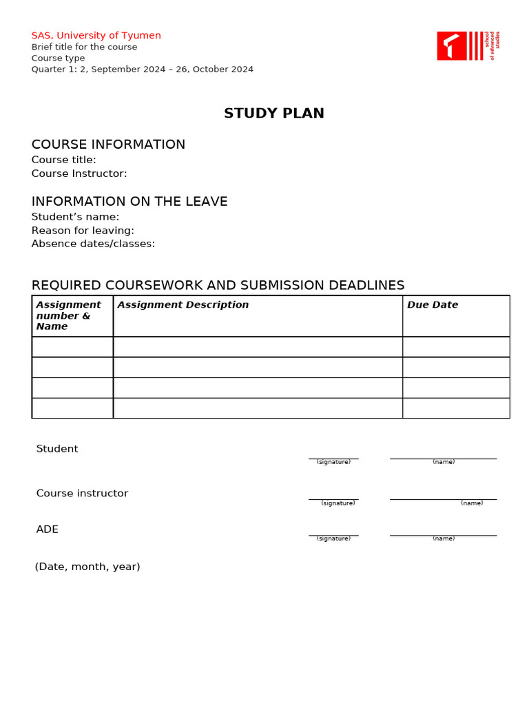 University Study Plan Template | PDF