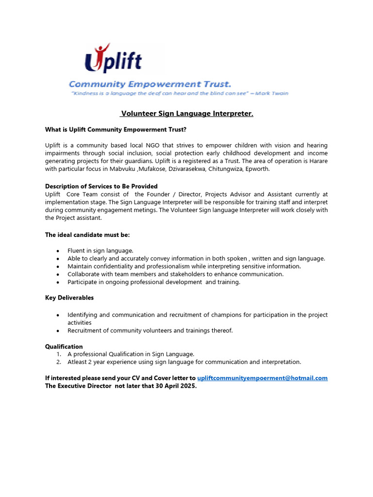 UPLIFT _TORs_Volunteer Sign Language Interpreter. | PDF