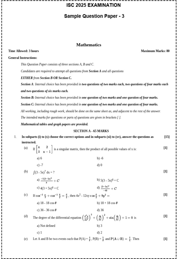 ISC-2025 Sample Question Paper - 3 | PDF | Determinant | Matrix ...