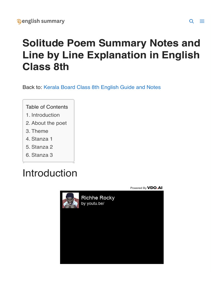 Solitude Poem Summary Notes and Line by Line Explanation in English ...