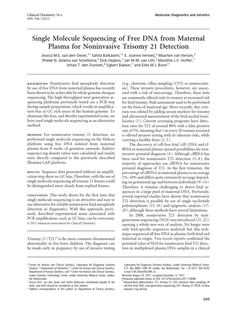 Single Molecule Sequencing of Free DNA From Maternal Plasma For ...