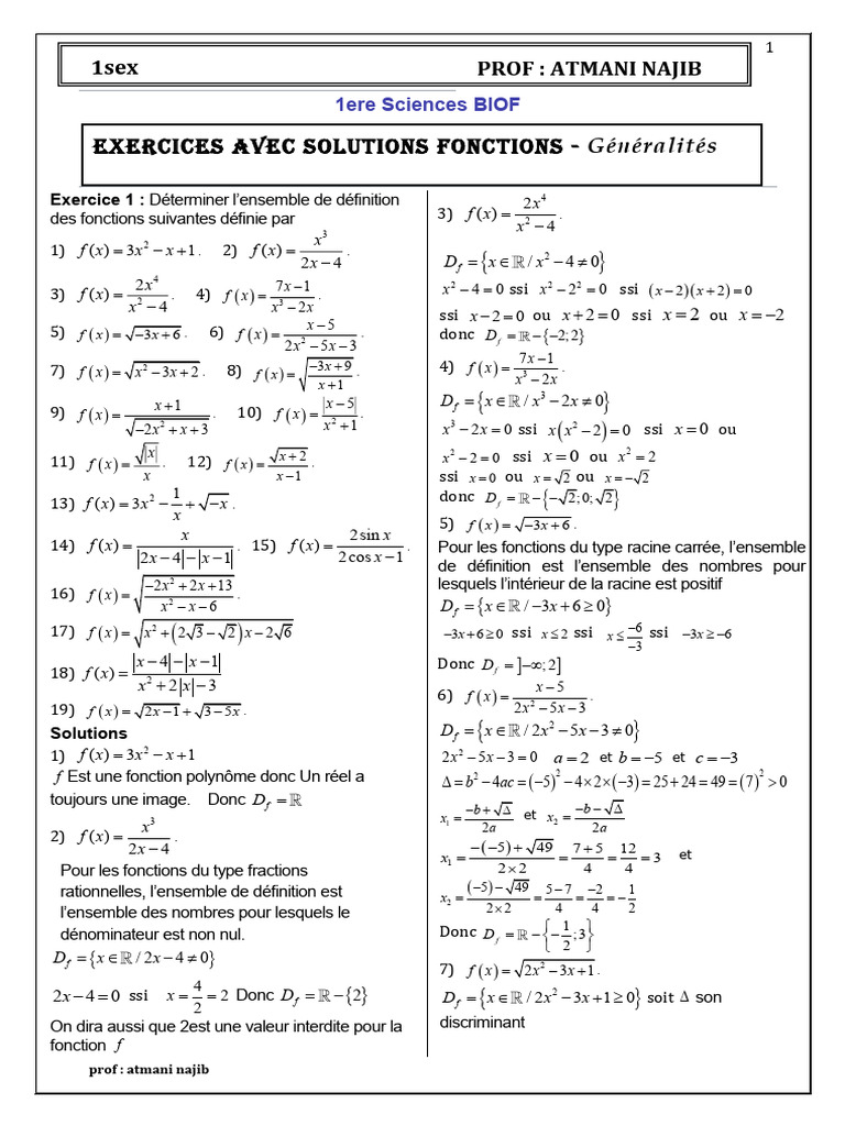 Exercices sur les fonctions et leur définition | PDF | Fonction ...