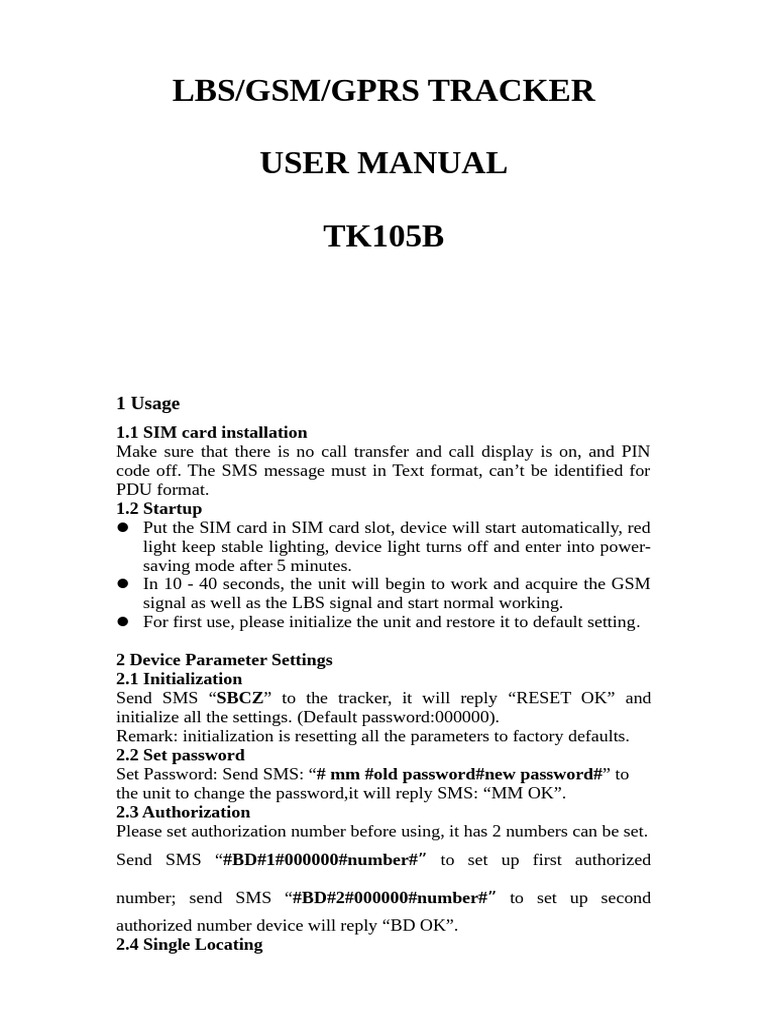 LBS Tracker User Manual: TK105B | PDF | General Packet Radio Service ...