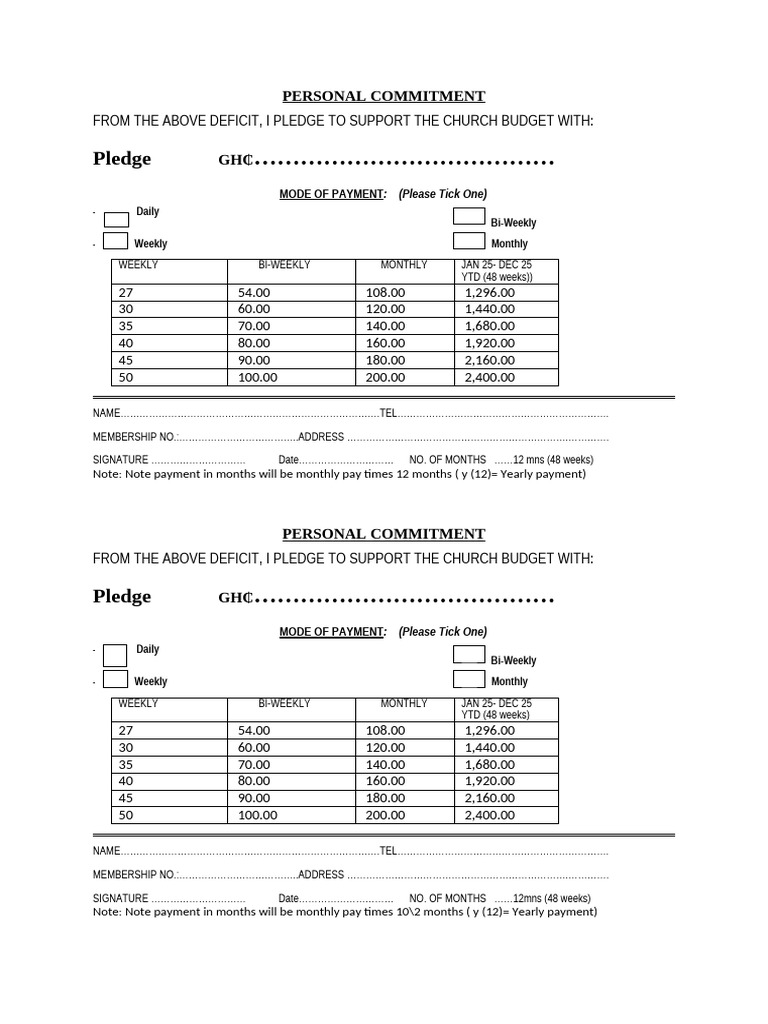 Church Budget Pledge Commitment Form | PDF