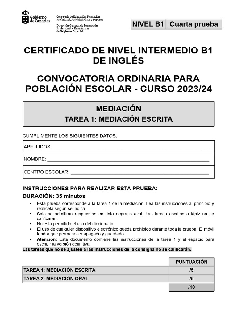 Mediation Escrita EOI B1 | PDF