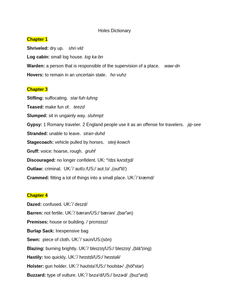 Book Holes Sachar (Chapter Dictionary) | PDF