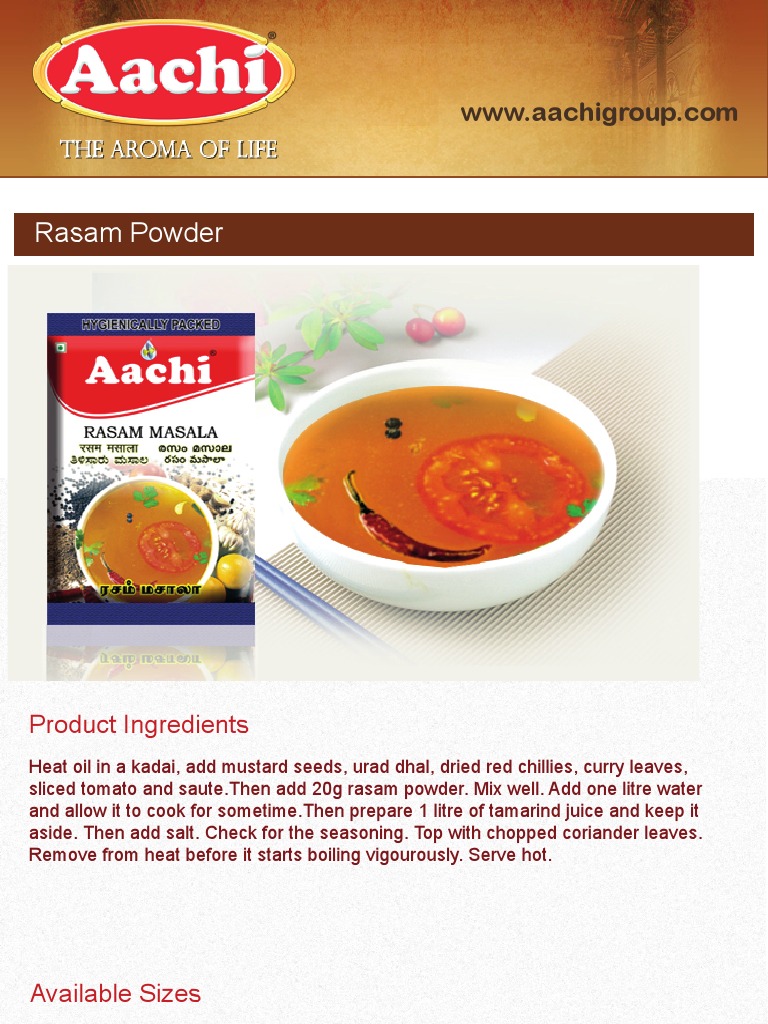 Aachi Rasam Powder Cooking Guide | PDF | Cooking, Food & Wine