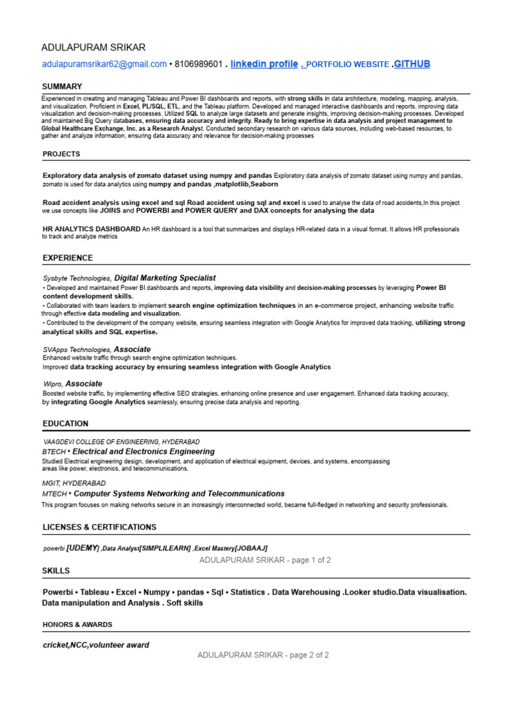 Resume-ADULAPURAM-SRIKAR-maximum (4) (1) | PDF | Data Analysis | Analytics
