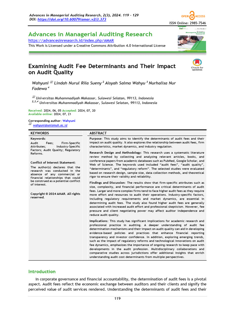 Examining Audit Fee Determinants And Their Impact Pdf Audit Governance