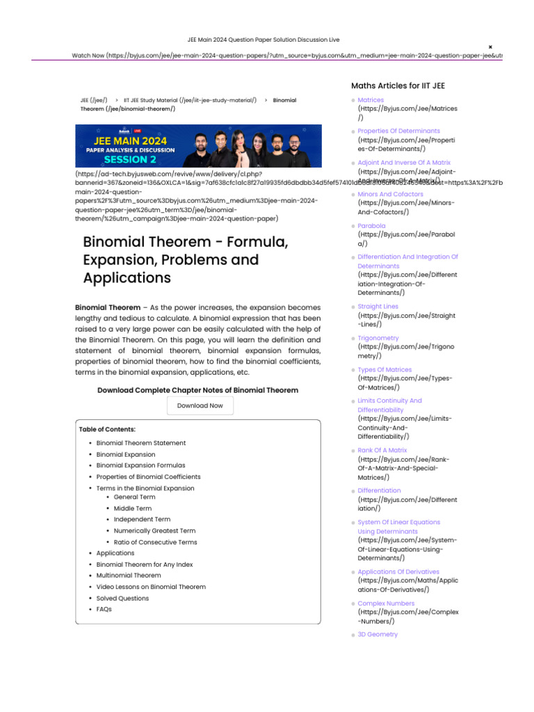 Binomial Theorem - Formulas, Properties, Terms in Binomial Expansion, Examples (With PDF | PDF ...