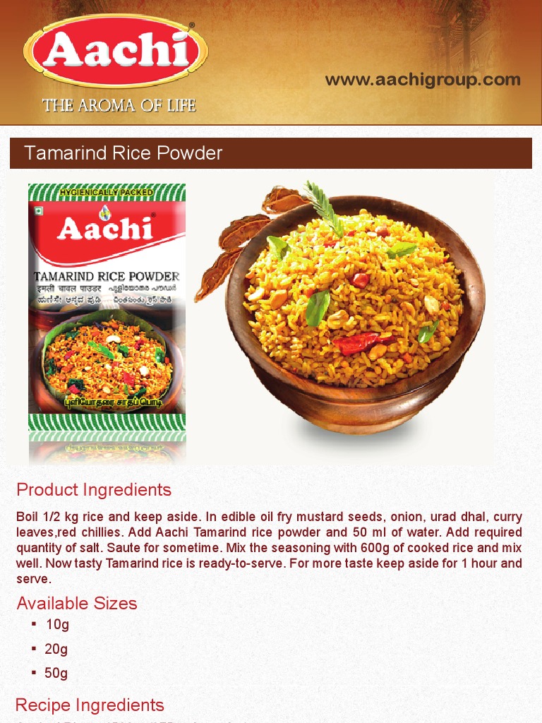 Aachi Tamarind Rice Powder Recipe | PDF | Cooking, Food & Wine ...