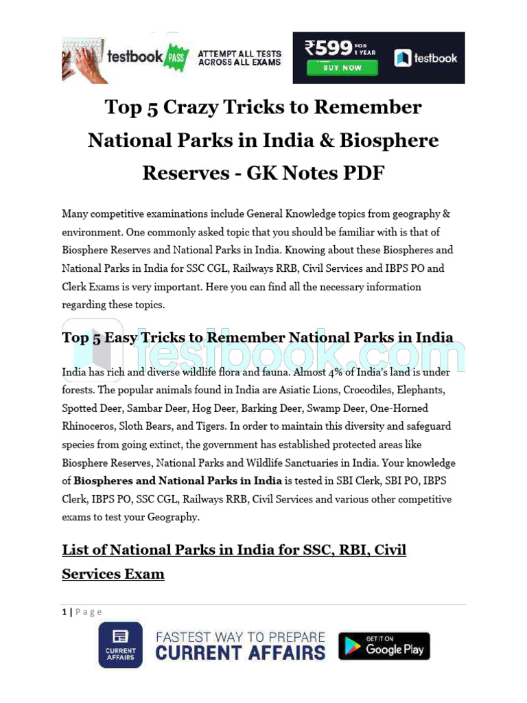 Tricks to Remember India's Parks & Reserves | PDF | Wildlife