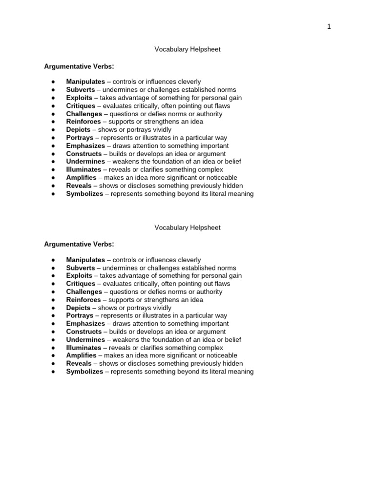 Vocabulary Helpsheet | PDF