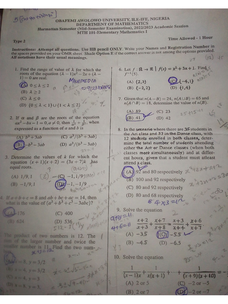 MTH101 - 2022-23 Mid - Exam Paper | PDF