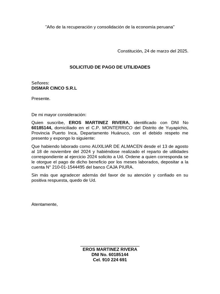 Solicitud De Pago De Utilidades 2024 Pdf