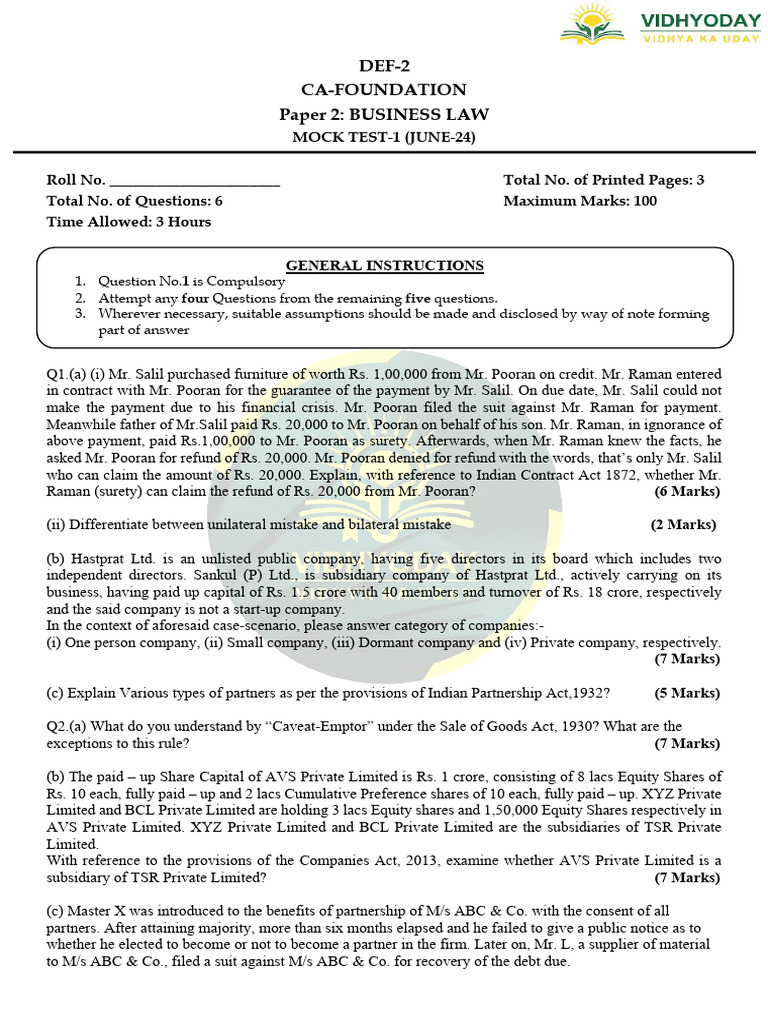 BS Law 1 Question Paper | PDF | Promissory Note | Partnership