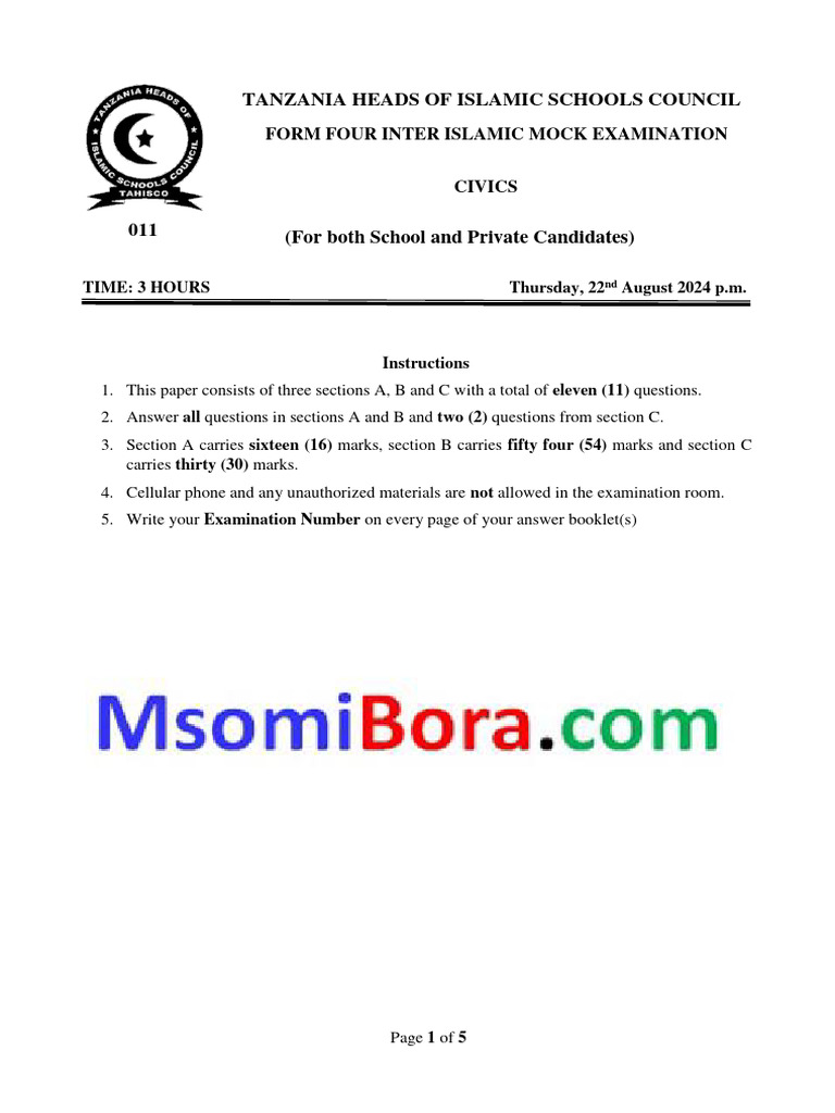 Civics Mock Exam for Form Four 2024 | PDF | Tanzania | Government
