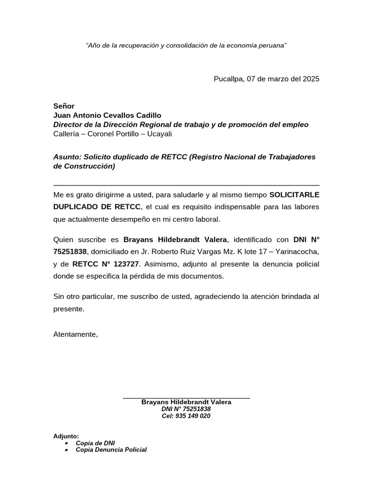 Solicitud de Duplicado de RETCC Perú | PDF