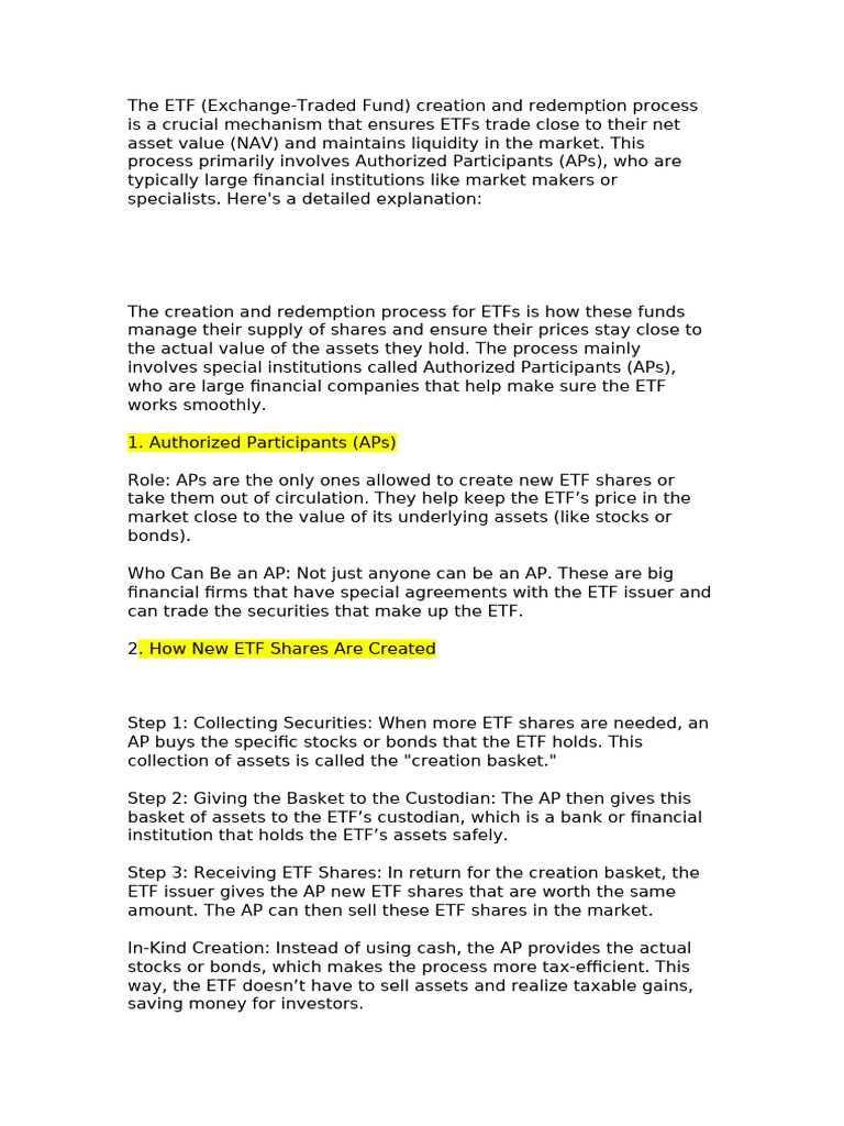 ETF Creation and Redemption Process. | PDF | Exchange Traded Fund ...