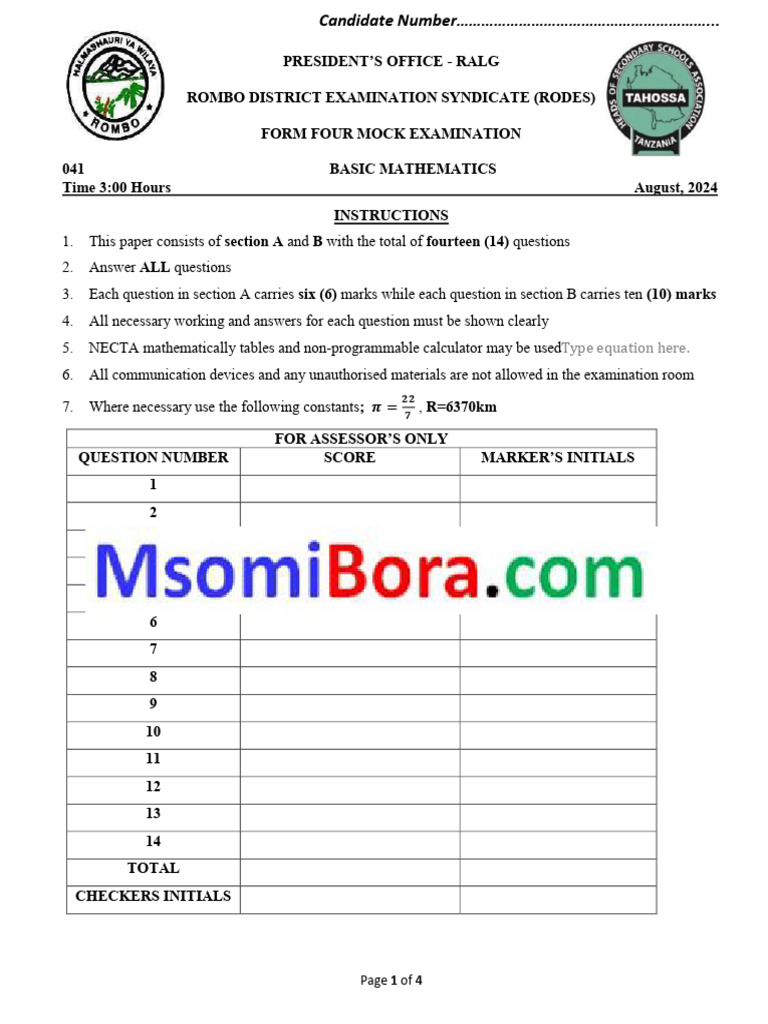 Form Four Basic Mathematics Mock Exam | PDF | Mathematics