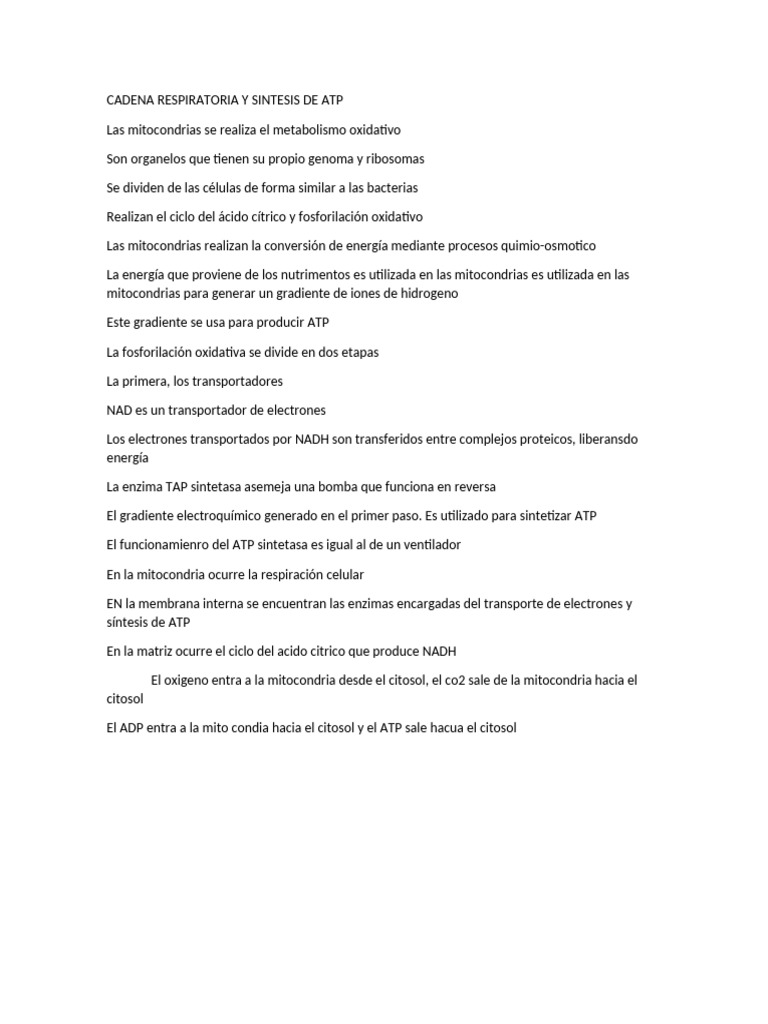 Cadena Respiratoria y Síntesis de ATP | PDF