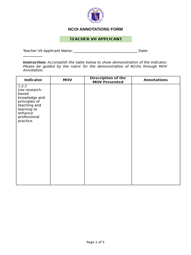 NCOI Annotations Form For Teacher VII Applicant | PDF | Learning ...